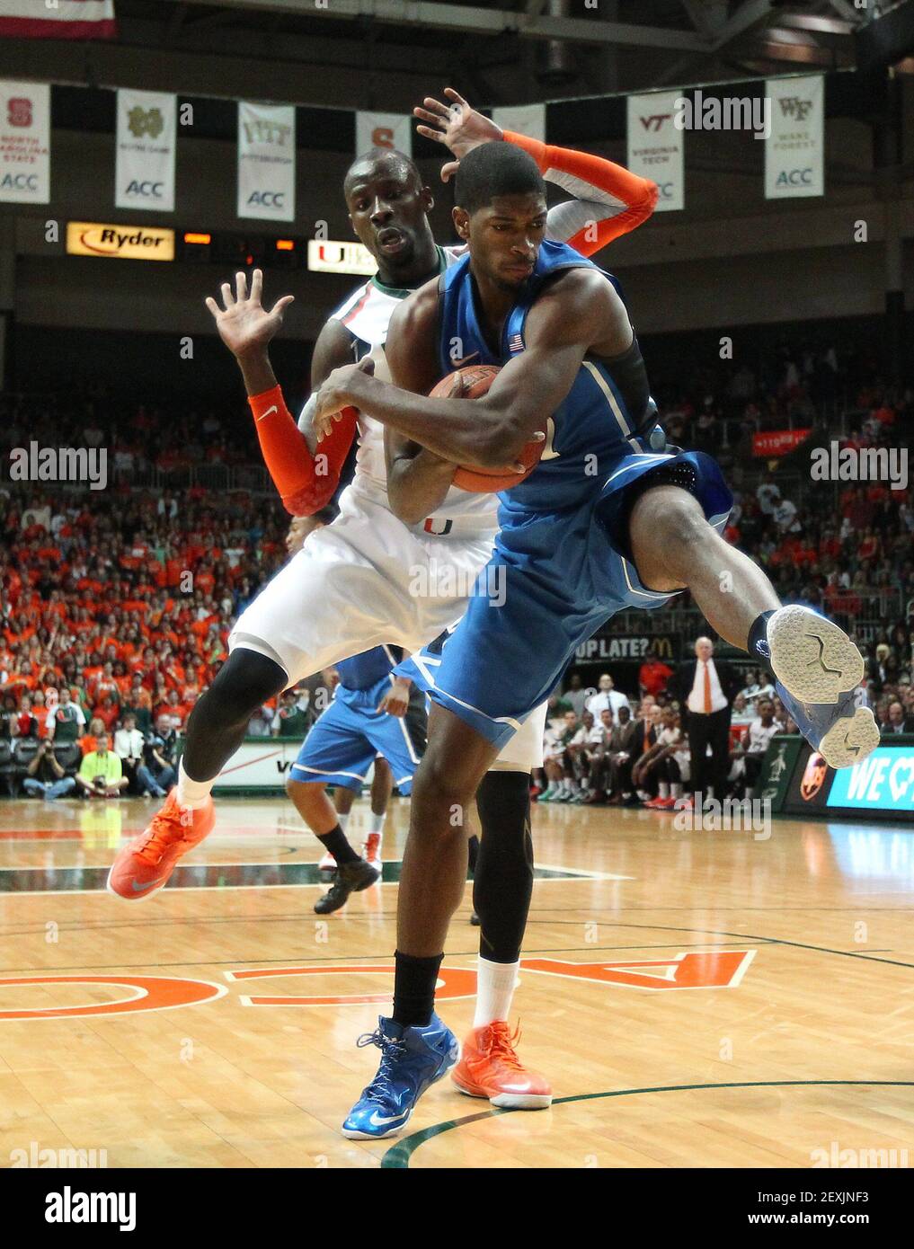 Duke's Amile Jefferson pulls down a rebound against Miami's Tonye Jekiri during the first half ...
