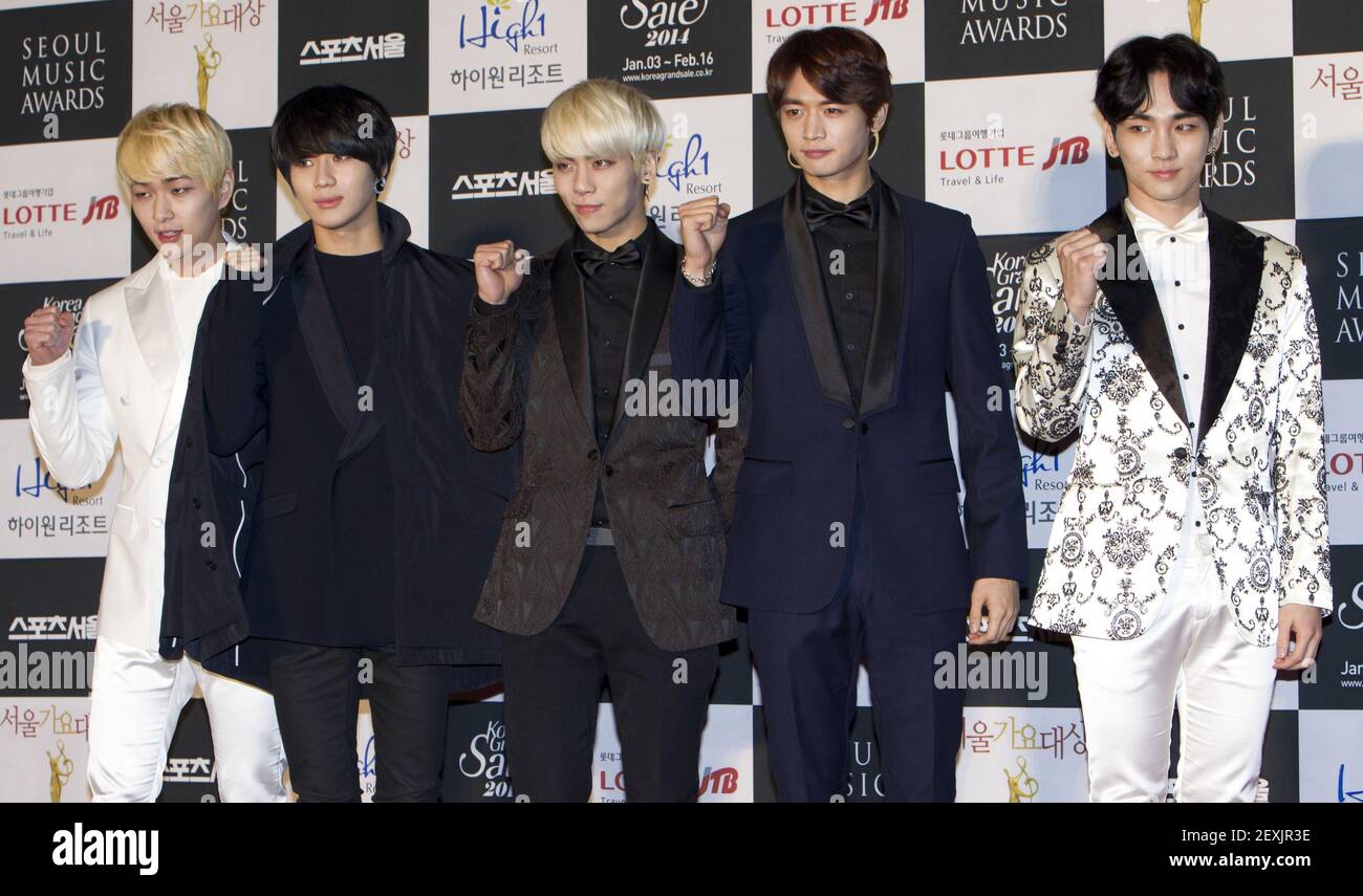 23 January 2014 - Seoul, South Korea : South Korean K-Pop boys group SHINee, attend a photo call ...