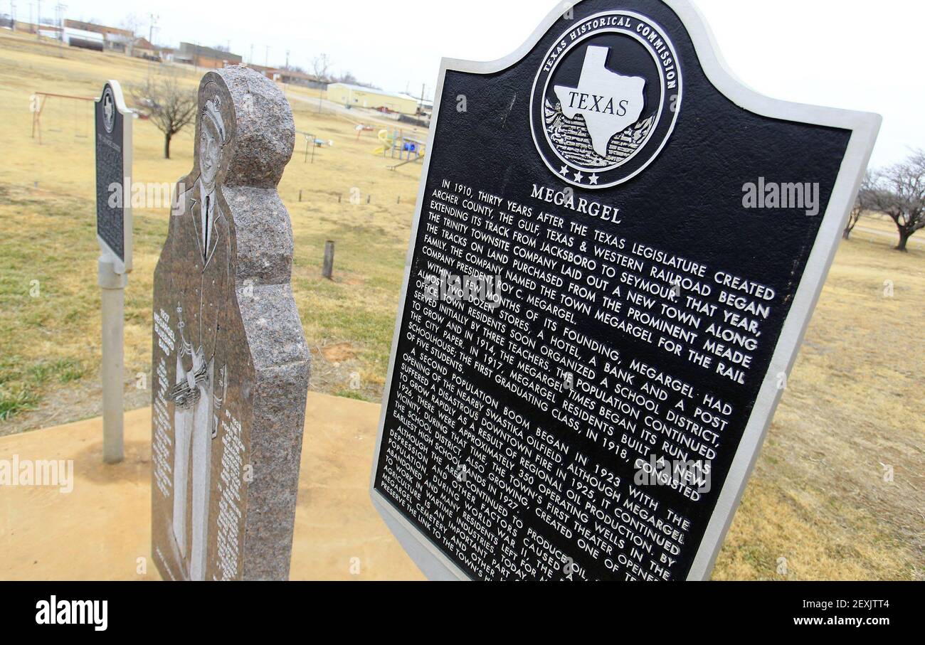 The town of Megargel, Texas, has a historical marker and a stone ...