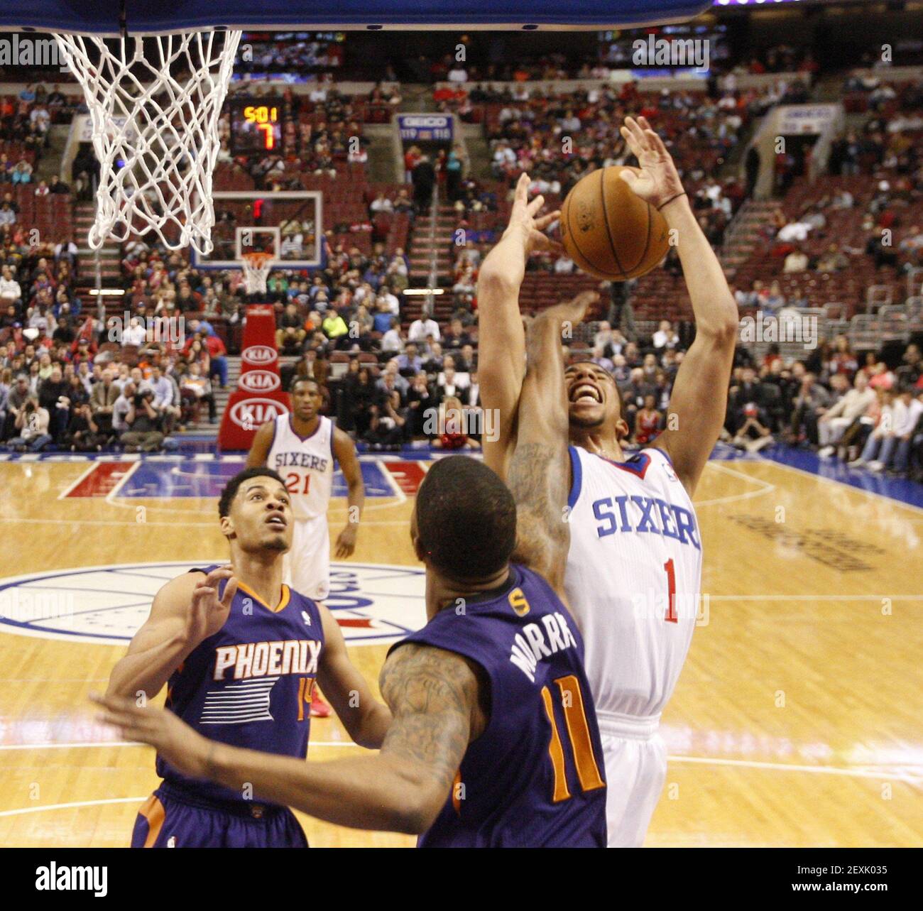 Phoenix Suns' Markieff Morris blocks shot attemptby Philadelpgia 76ers ...