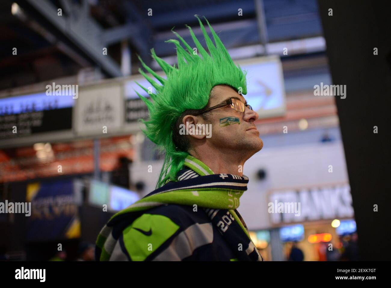 A Seattle Seahawks fan celebrates in the stands at Super Bowl XLVIII ...