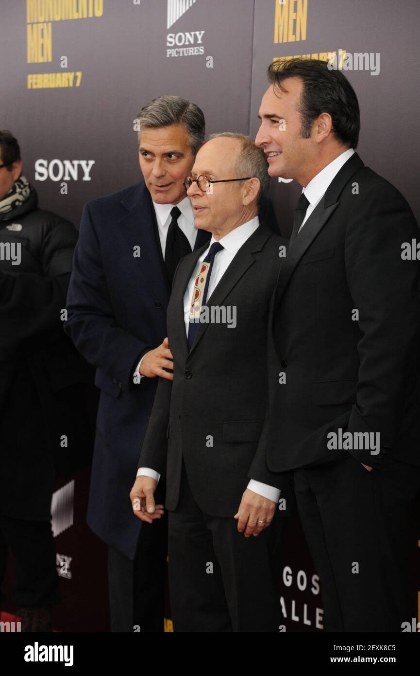 L-R: George Clooney, Bob Balaban, Jean Dujardin attend The Monuments ...