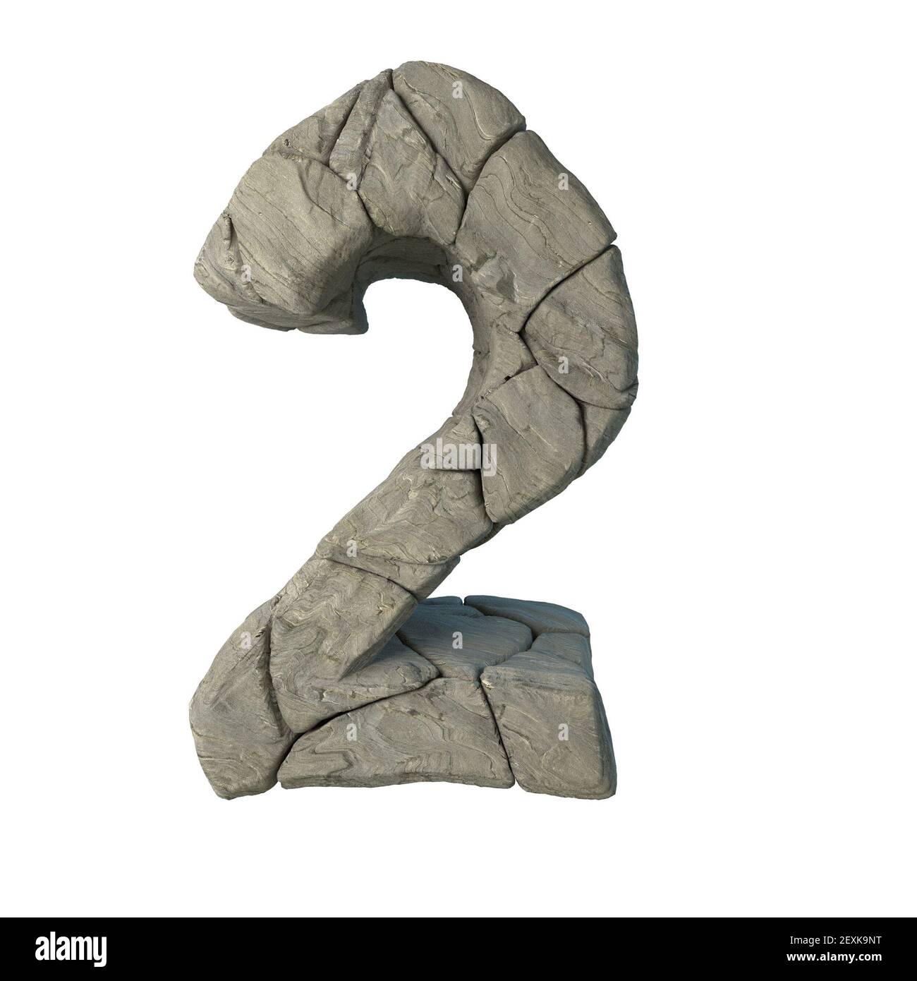 A 3D render of a gray broken stone forming the number two isolated on a ...
