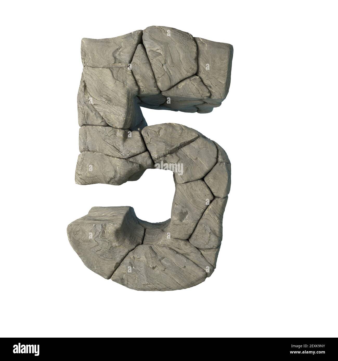 A 3D render of a gray broken stone forming the number five isolated on ...