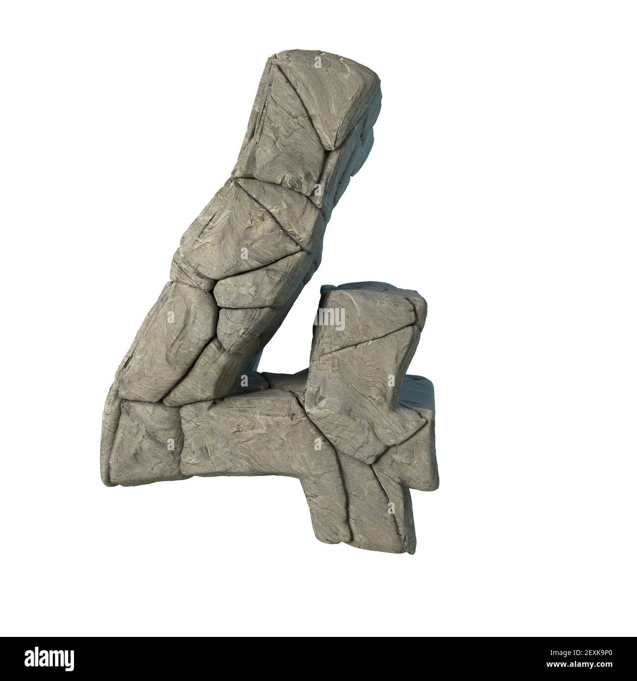 A 3D render of a gray broken stone forming the number four isolated on ...