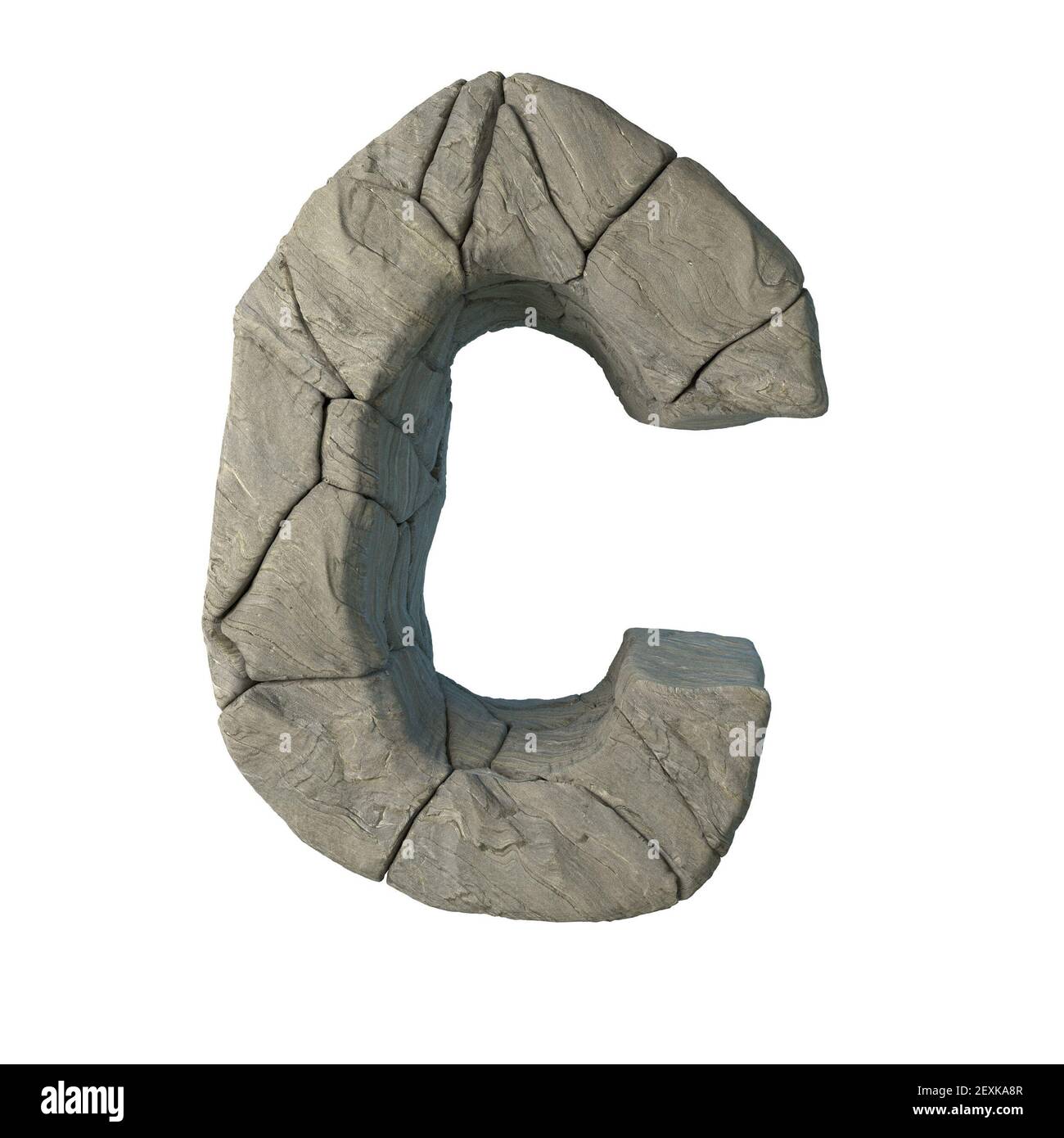 A 3D render of a gray broken stone forming the letter C isolated on a ...