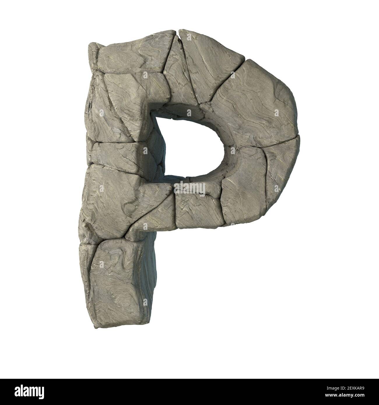 A 3D render of a gray broken stone forming the letter P isolated on a ...