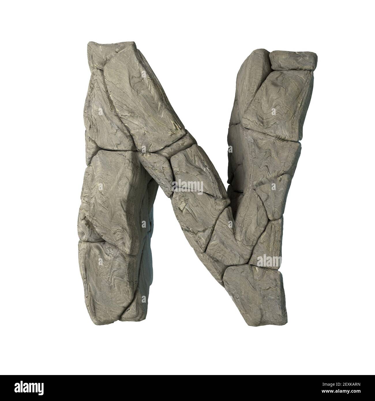 A 3D render of a gray broken stone forming the letter N isolated on a ...