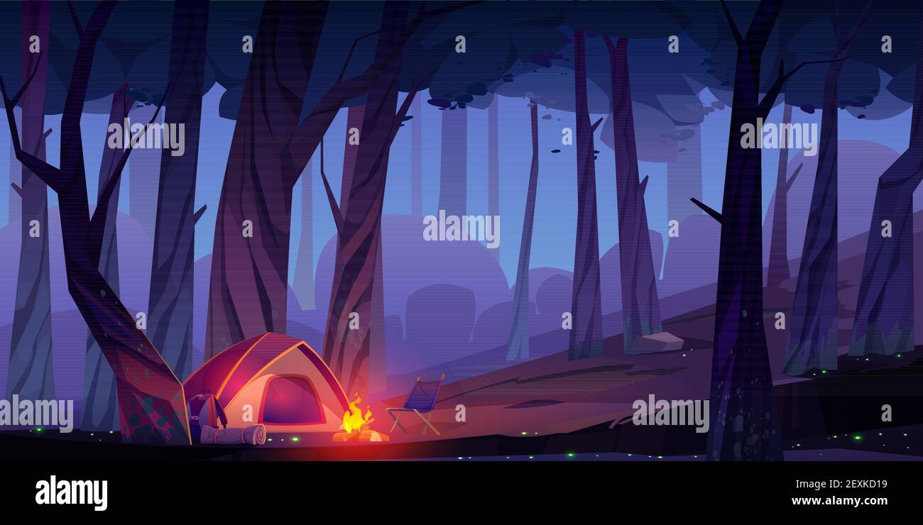 Summer camp with bonfire and tent at night. Vector cartoon landscape ...