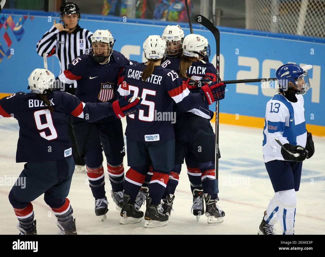 The U.S. celebrates a goal by Kelli Stack (16) against Finland during ...