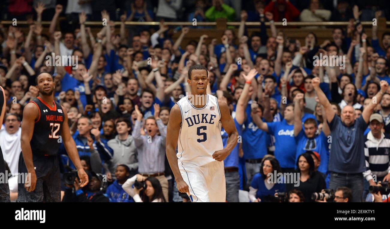 Duke's Rodney Hood (5) and Maryland's Dez Wells (32) react as time ...