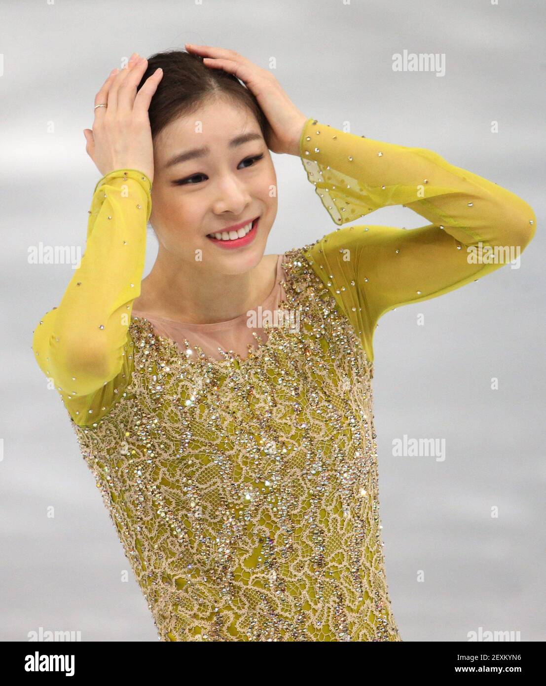 Yuna Kim of South Korea reacts after performing in the ladies' short ...