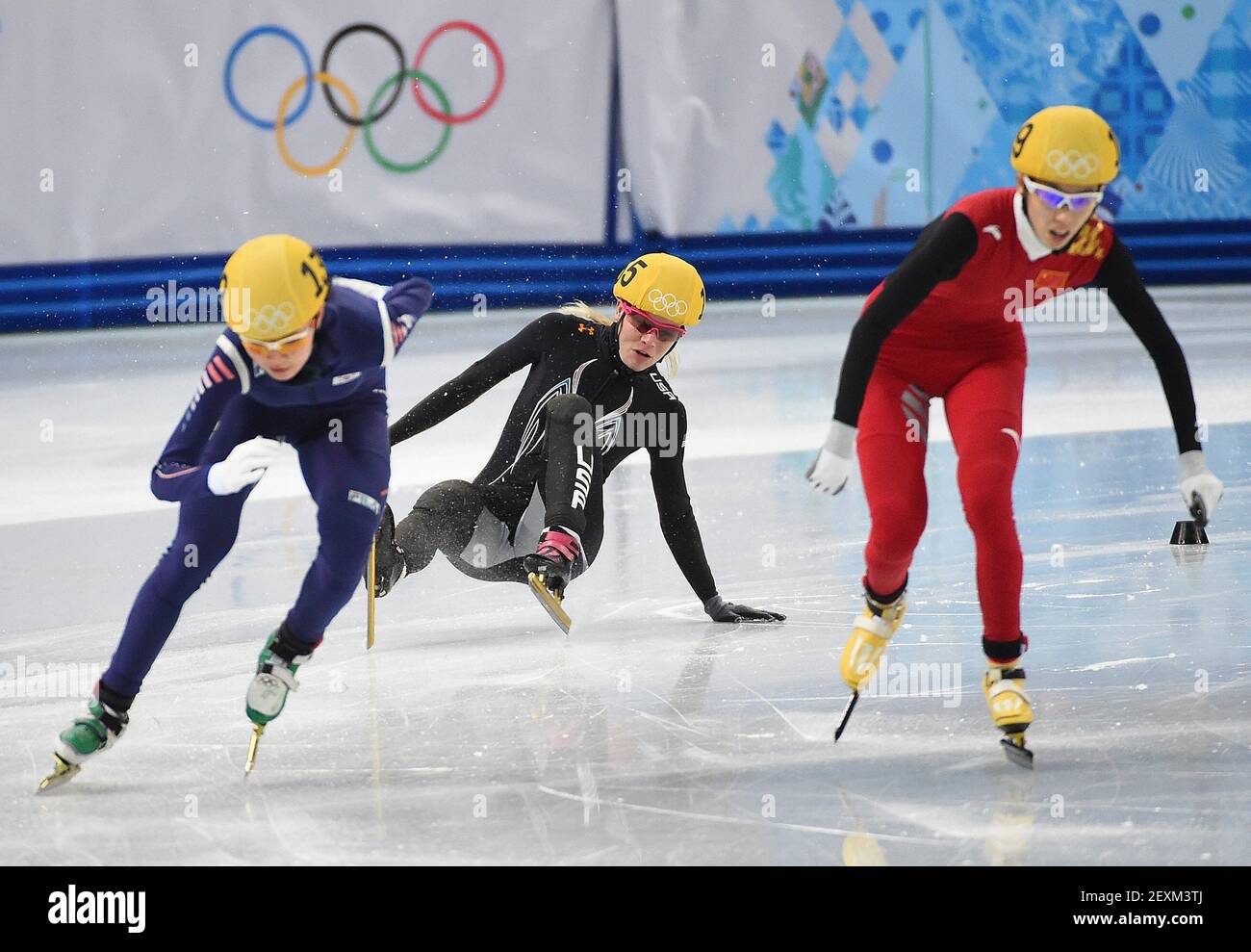 USA's Emily Scott (155) falls during the women's 1000 meter speed ...