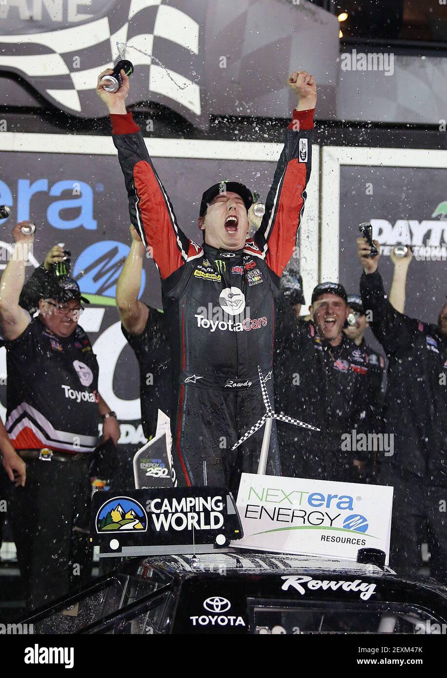 Kyle Busch celebrates in Victory Lane after winning the NASCAR Camping ...