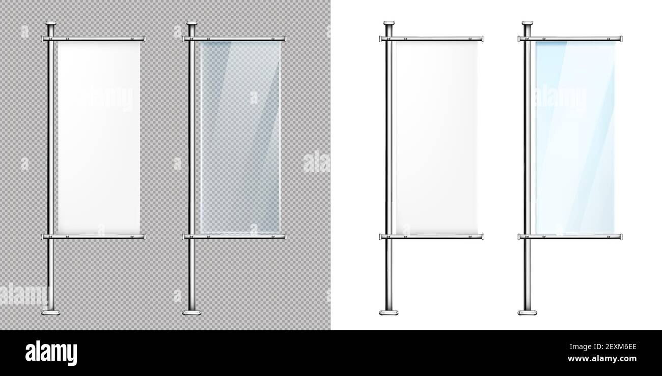 Glass banners, ad stands on metal poles, vertical blank signboards for ...