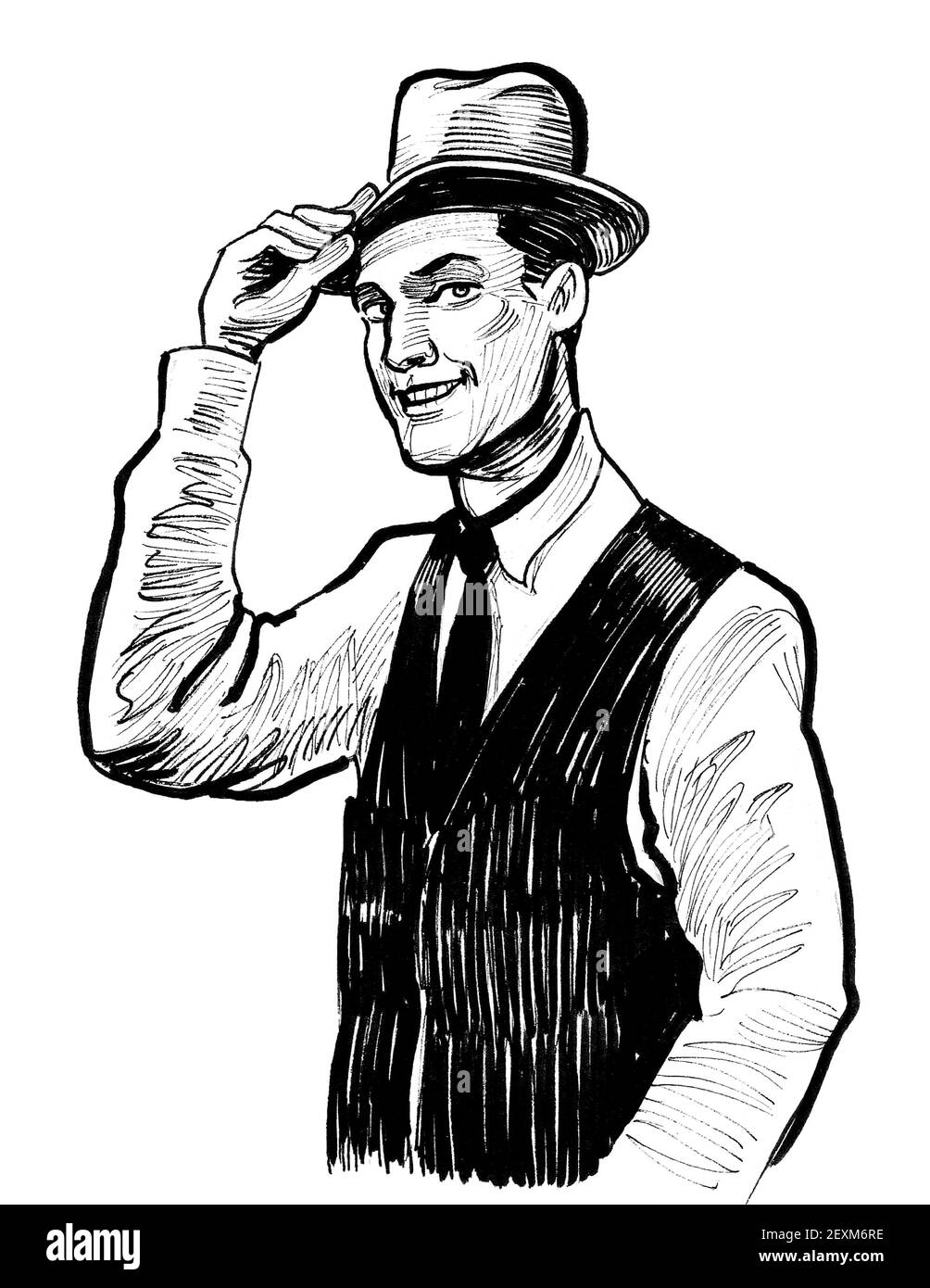 Handsome man in hat. Ink black and white drawing Stock Photo - Alamy