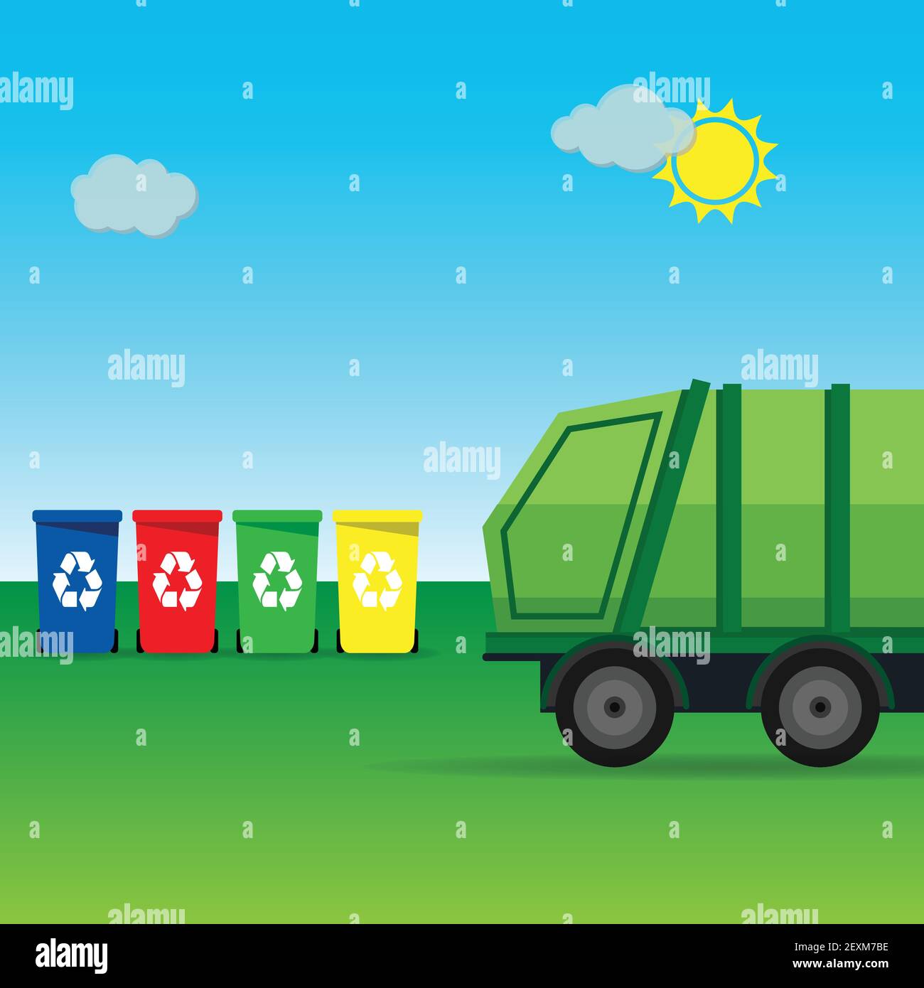 Garbage truck in a rural landscape with garbage containers Stock Vector ...