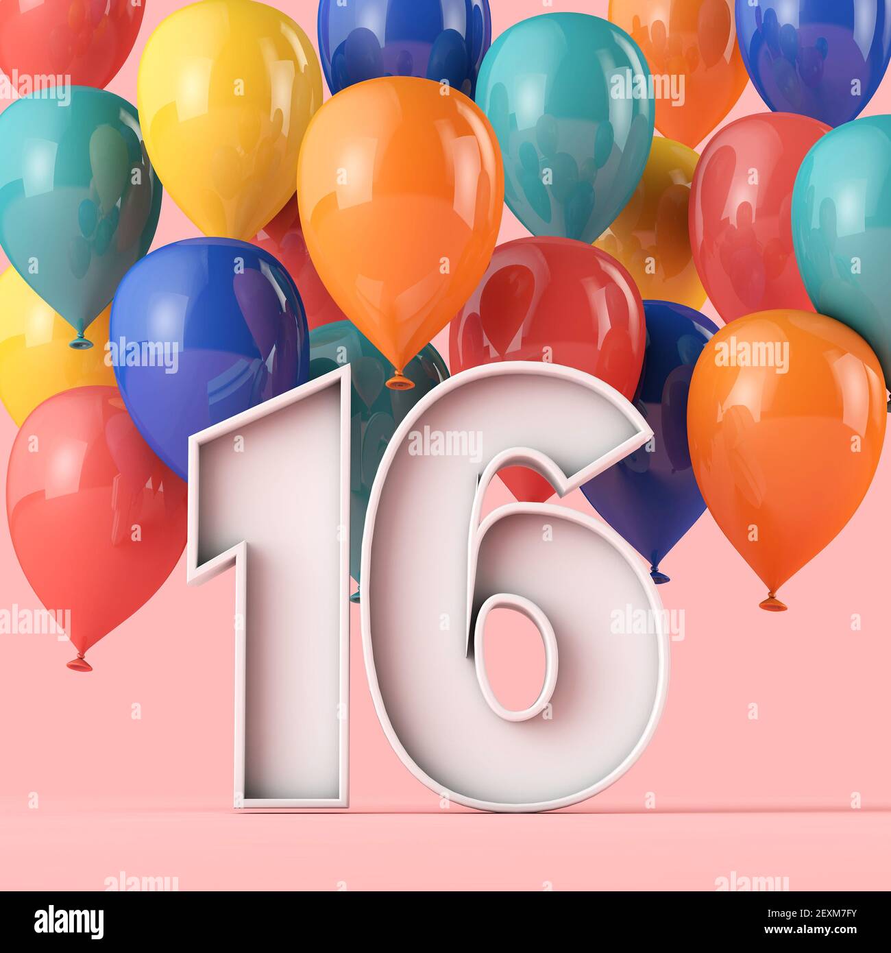 Happy 16th birthday background with colourful balloons. 3D Rendering ...