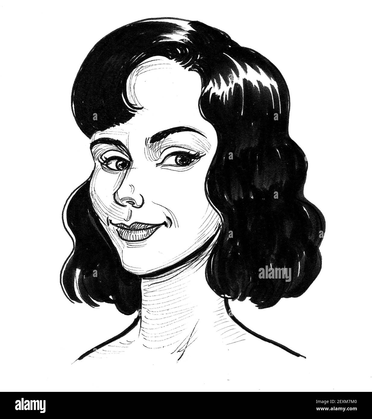 Pretty brunette woman. Ink black and white drawing Stock Photo - Alamy