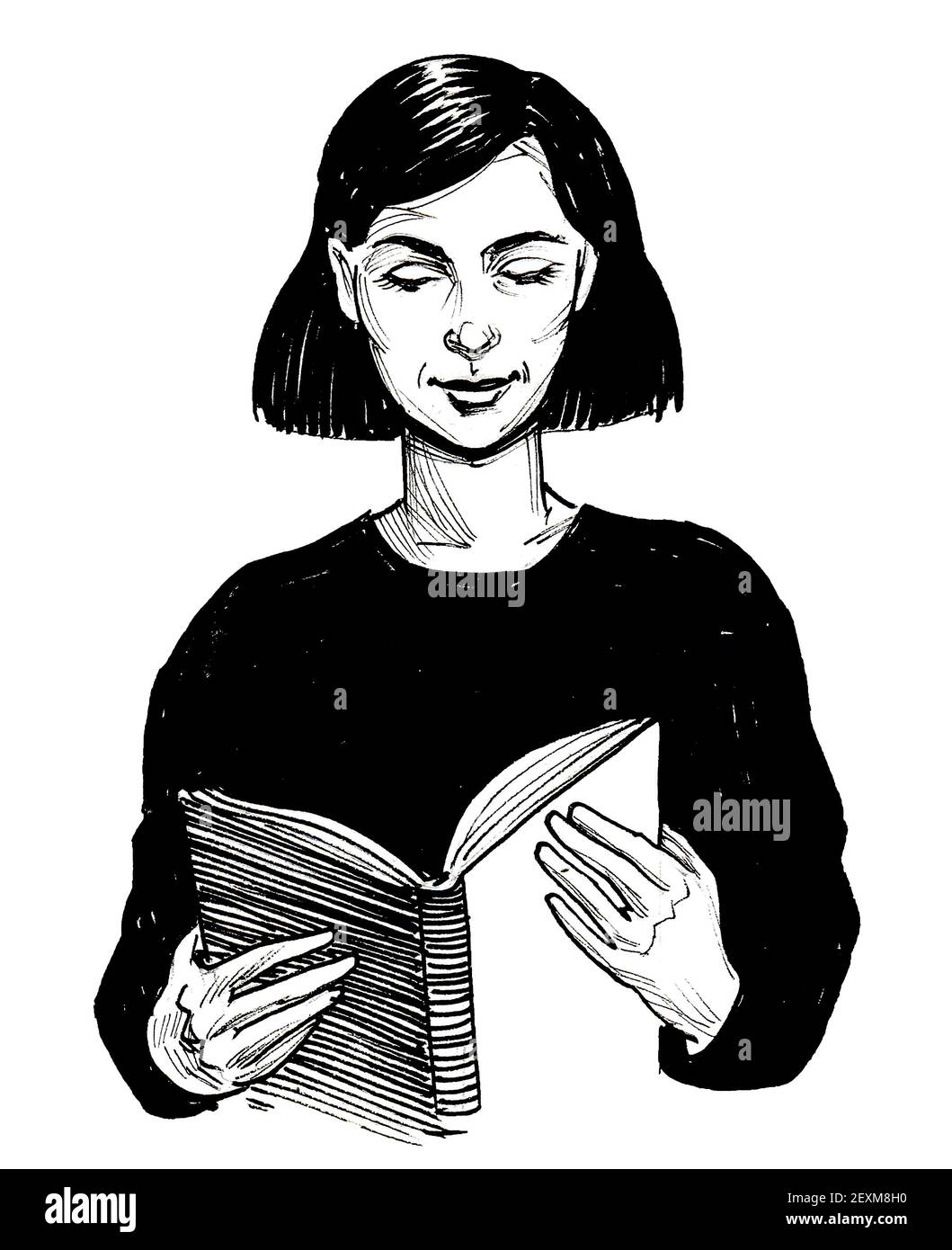 Pretty woman reading a book. Ink black and white drawing Stock Photo ...