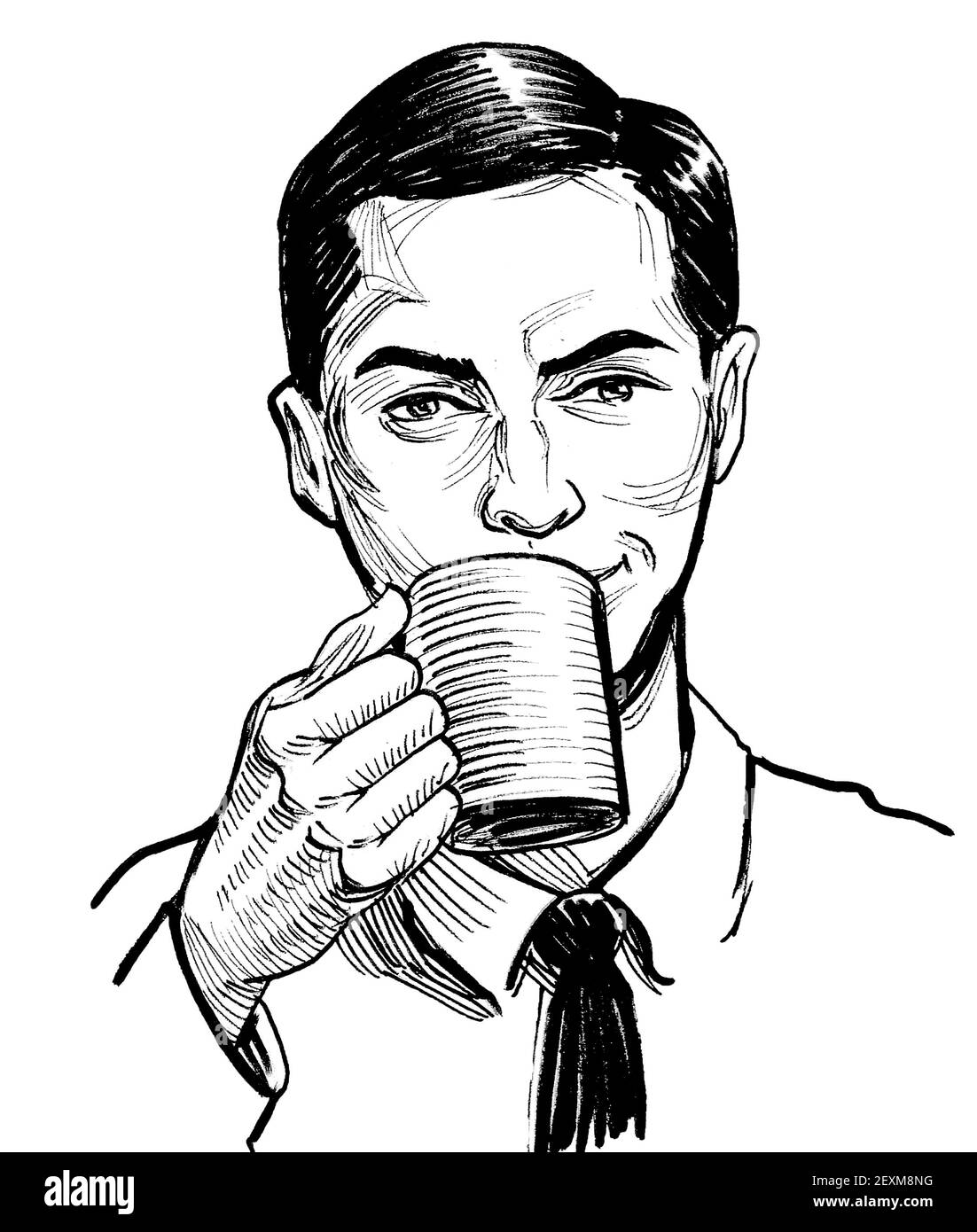Young man drinking a cup of coffee. Ink black and white drawing Stock ...