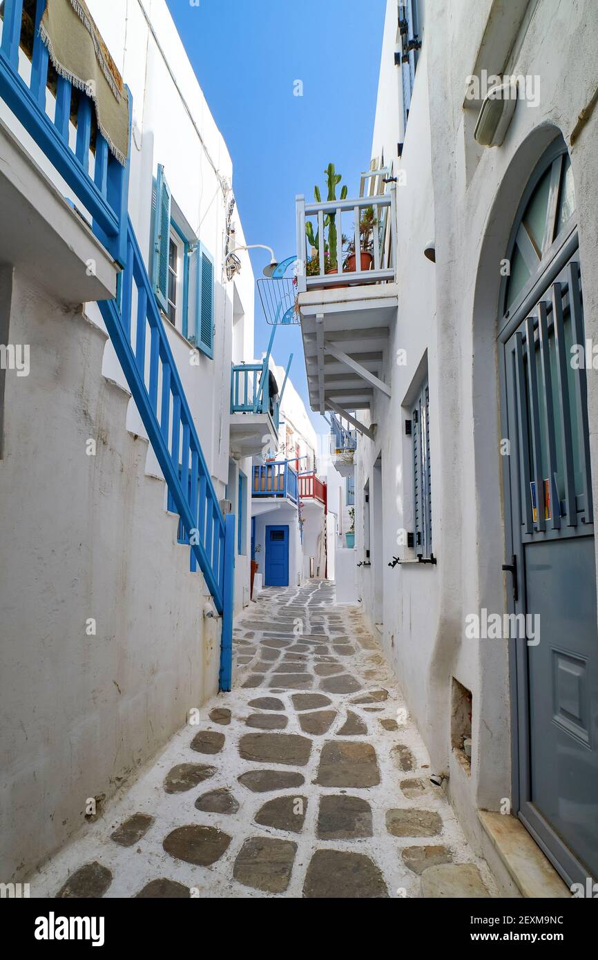Traditional narrow cobbled streets, beautiful alleyways of Greek island ...