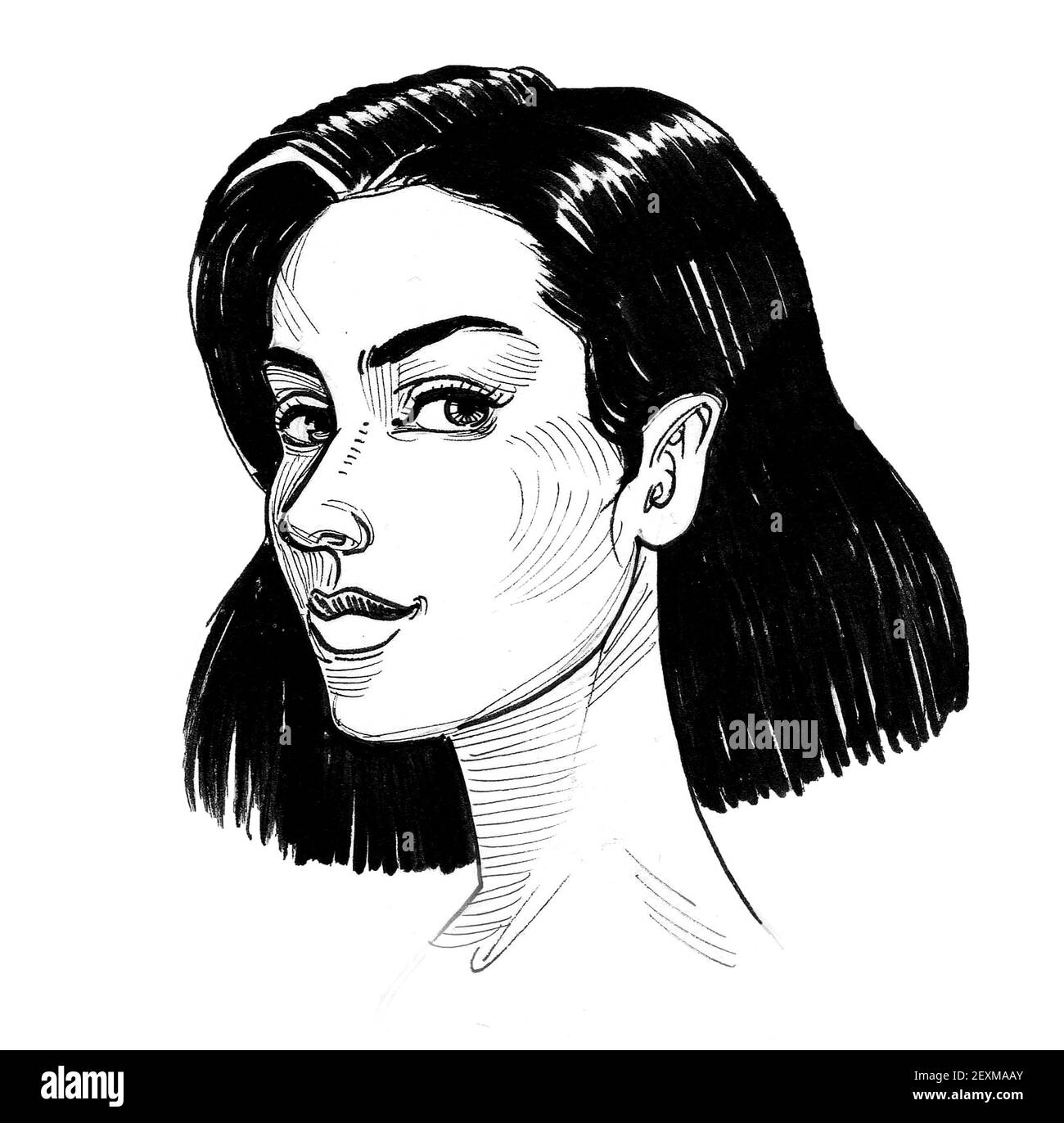 Pretty brunette girl. Ink black and white drawing Stock Photo - Alamy