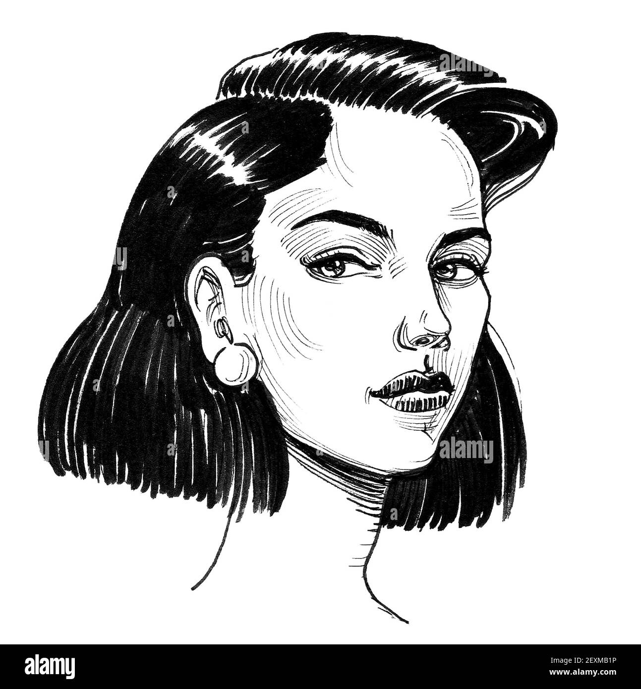 Beautiful brunette woman. Ink black and white drawing Stock Photo - Alamy