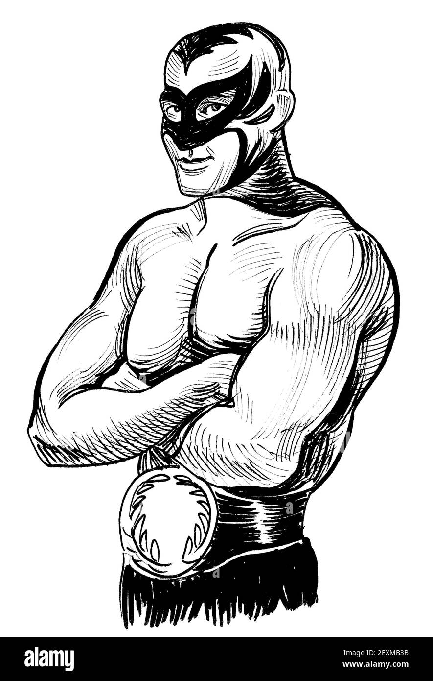 Mexican wrestler in mask. Ink black and white drawing Stock Photo - Alamy