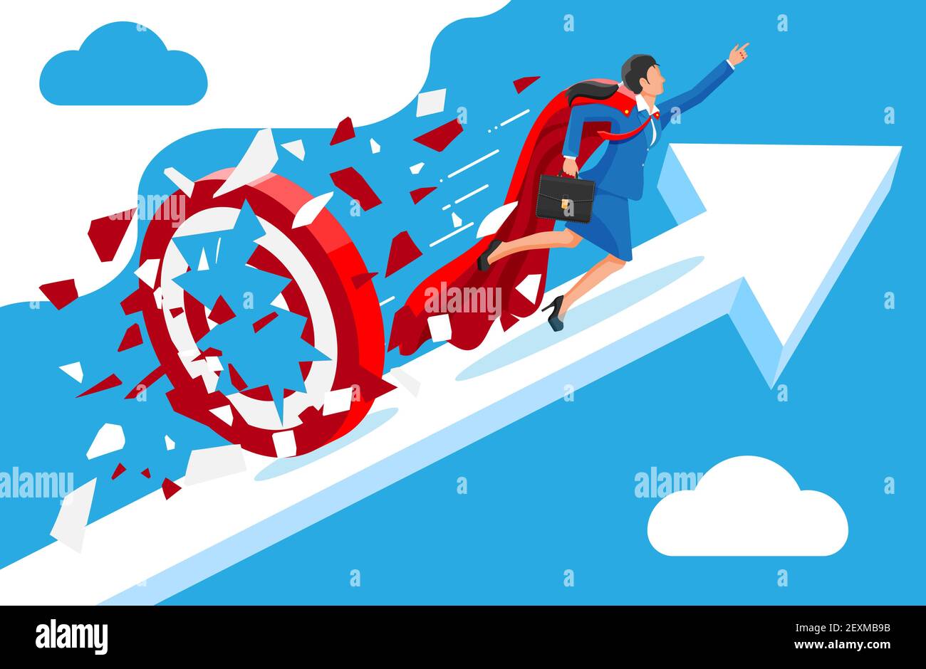 Super businesswoman running and breaking target. Business woman in suit ...
