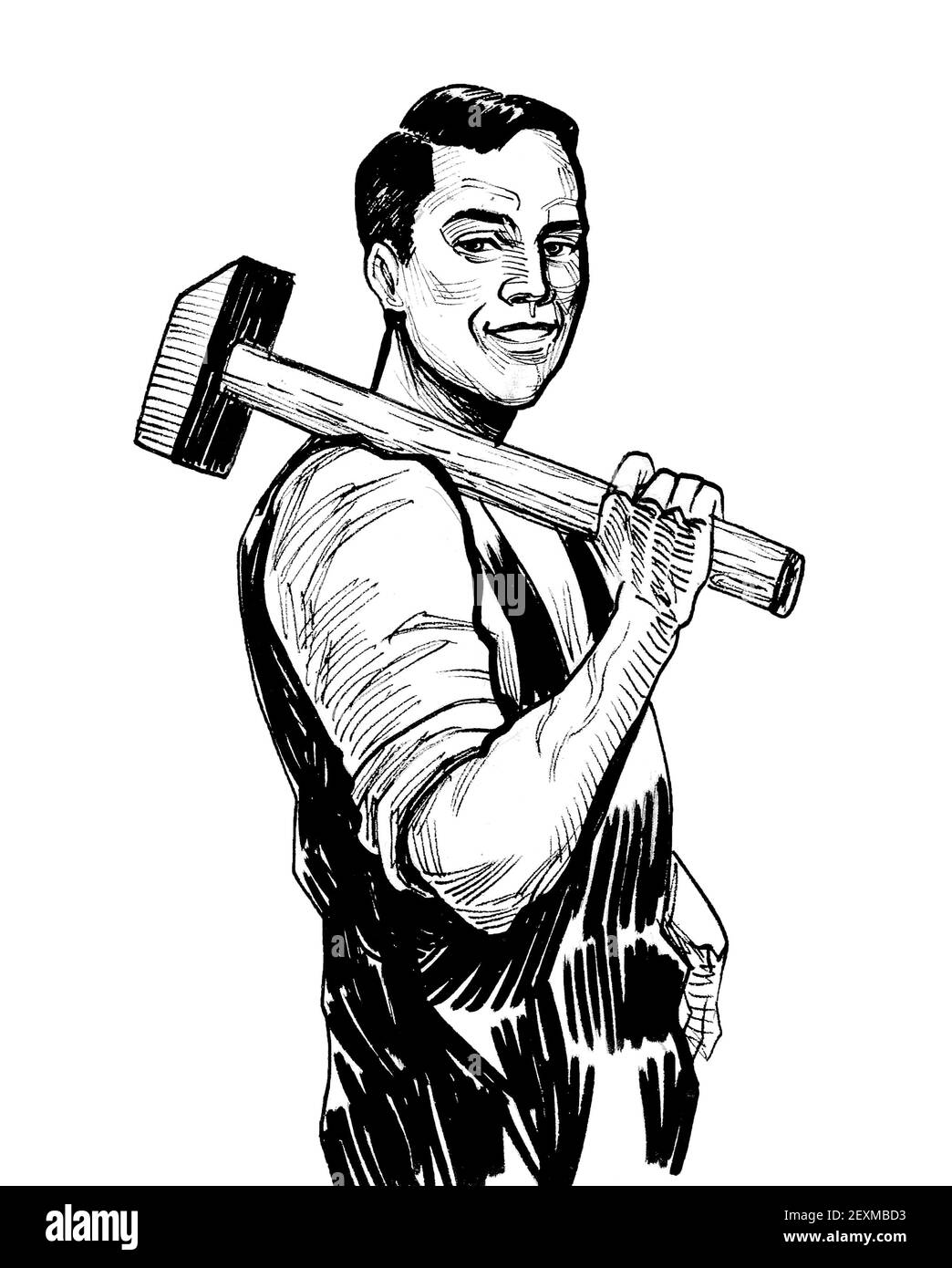 Working man with hammer tool. Ink black and white drawing Stock Photo ...