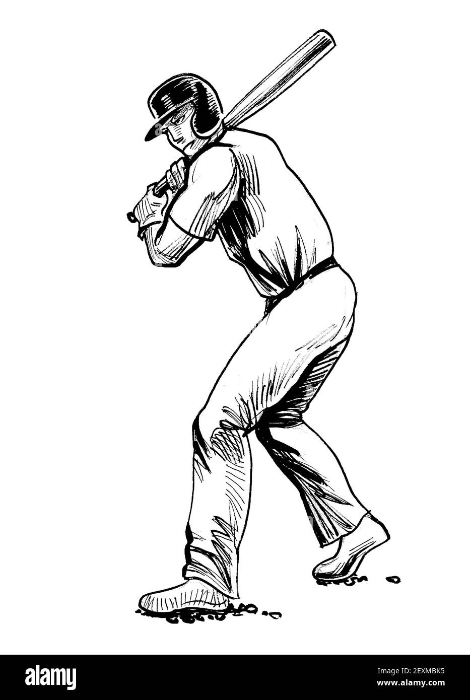 Ink black and white drawing of a baseball player Stock Photo - Alamy