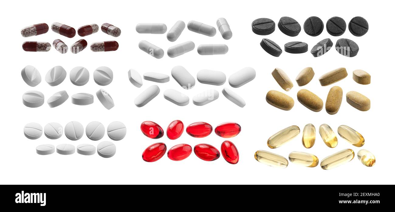 Large set of tablets and capsules isolated on a white background Stock ...