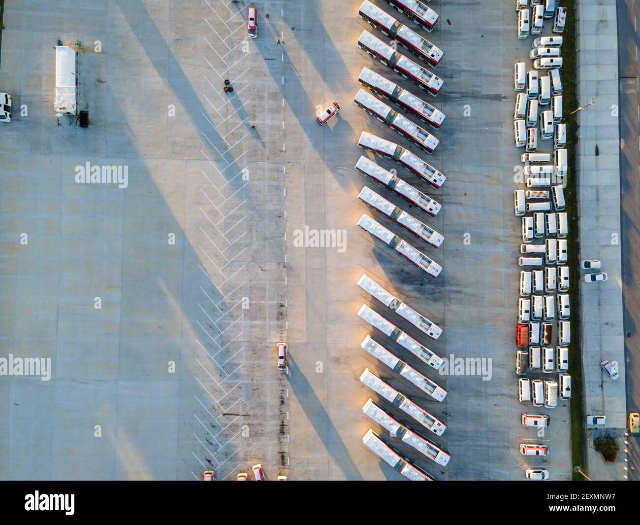 Aerial shot of group of buses parked on tarmac Stock Photo - Alamy
