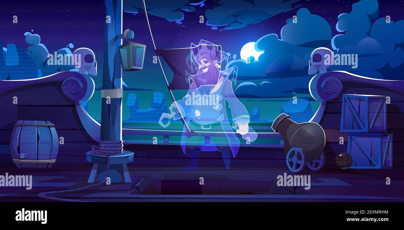 Ghost of pirate on ship deck with black jolly roger flag at night ...