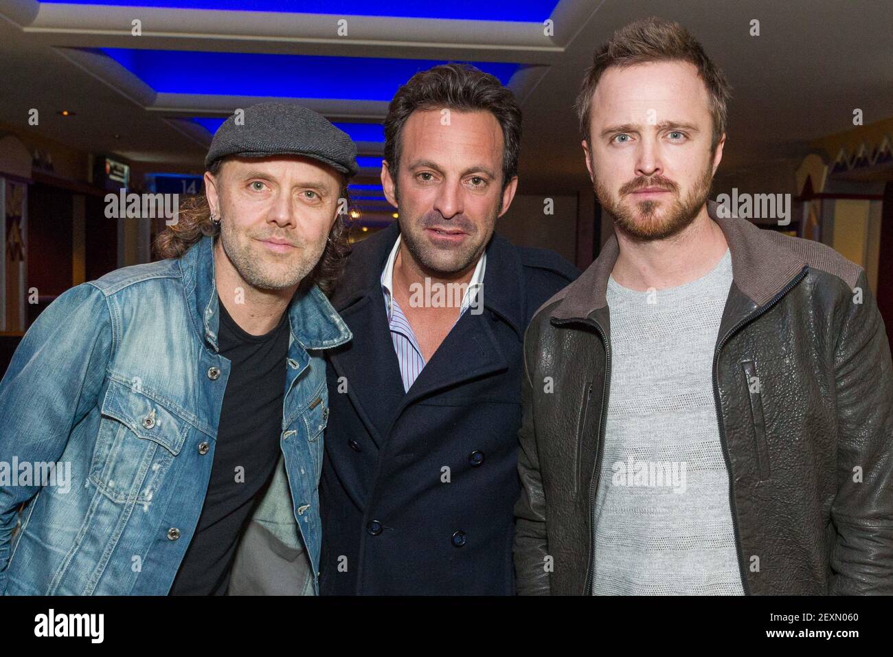 (L-R) Moderator Lars Ulrich, Director Scott Waugh and Actor Aaron Paul ...