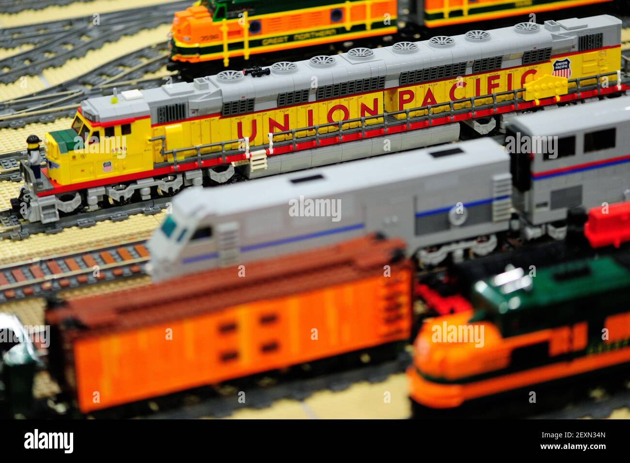 A Union Pacific locomotive made out of Lego on display at Bricks ...
