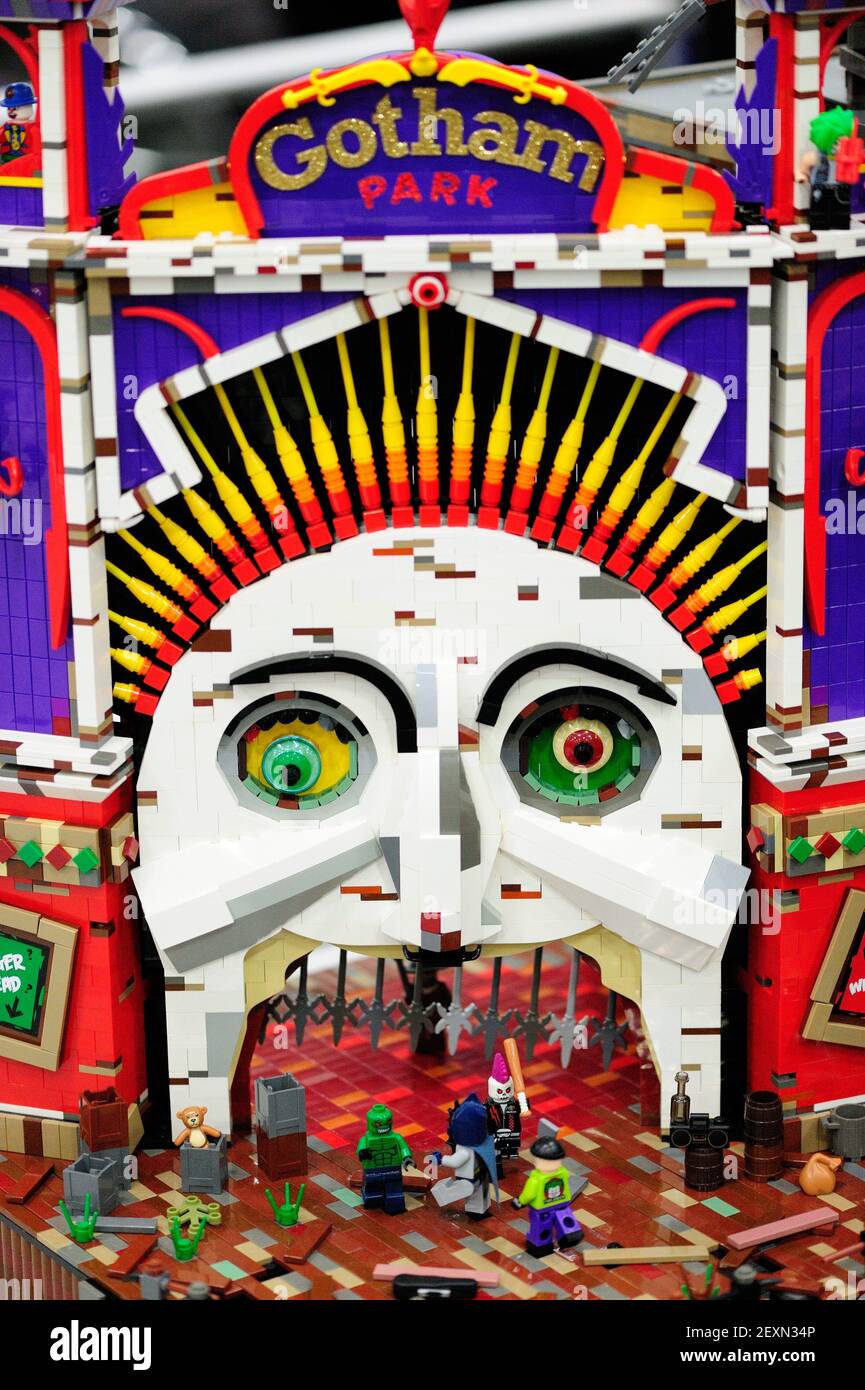 A Lego model of the entrance to Gotham Park on display at the Bricks ...