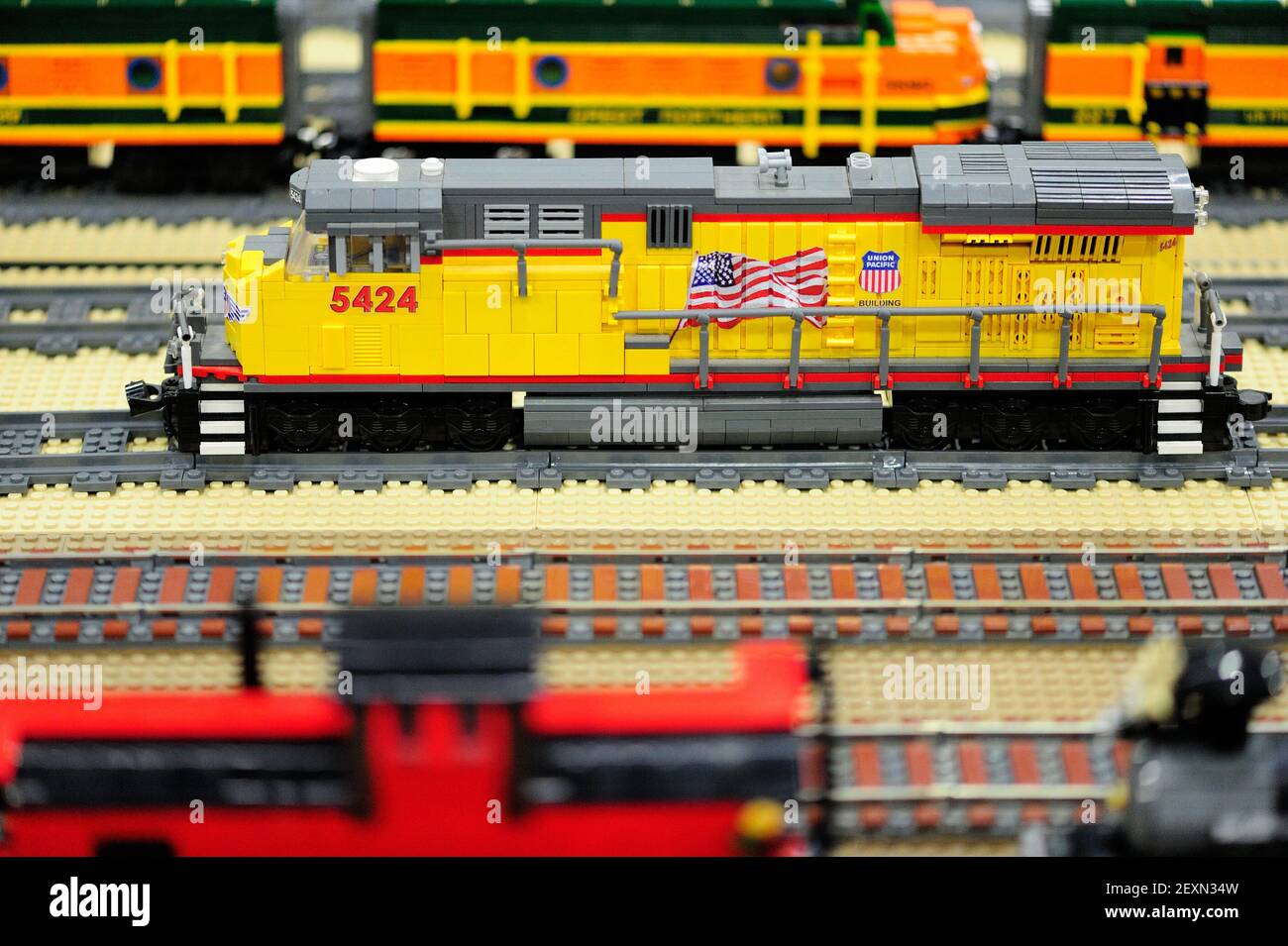 A Union Pacific locomotive made out of Lego on display at Bricks ...