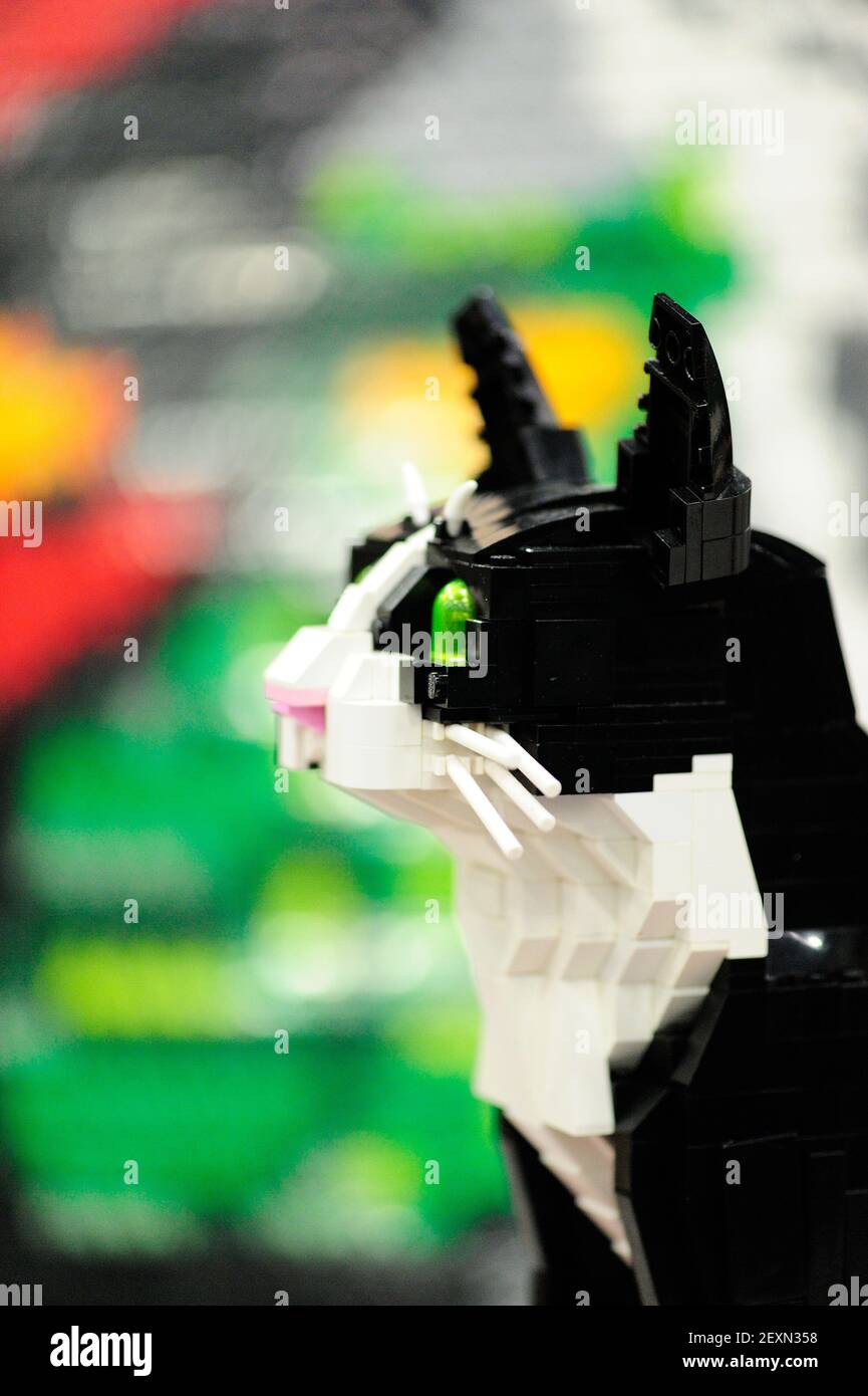 A Lego cat on display at the Bricks Cascade convention in Portland ...