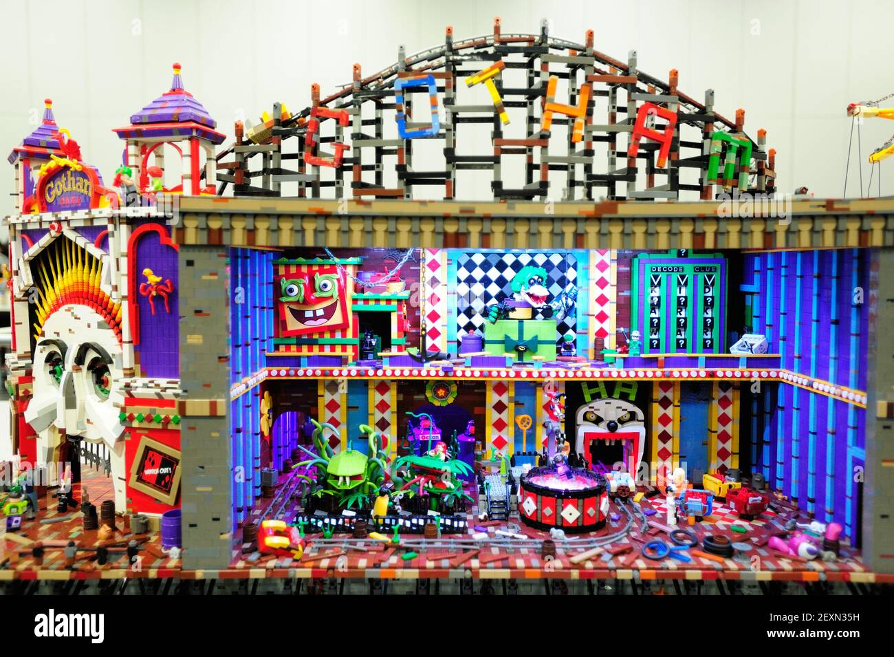 A fully animated Lego model of Gotham Park on display at the Bricks ...