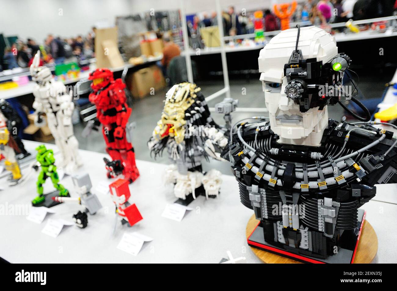 A Stark Trek Borg Bust Lego model on display at the Bricks Cascade ...