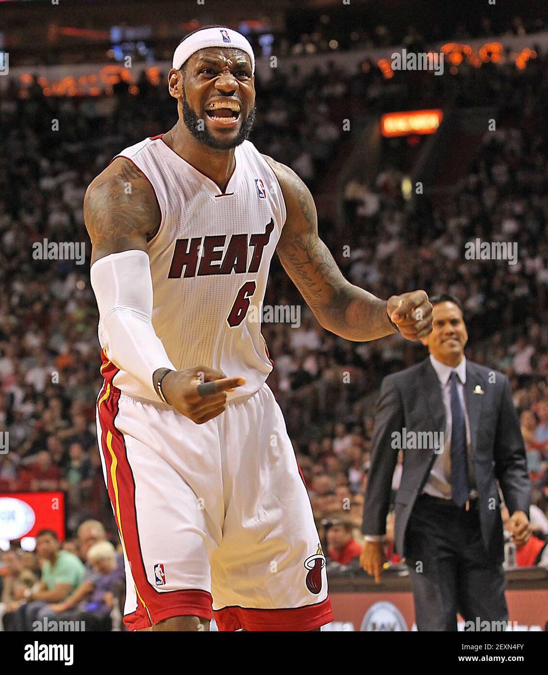 Miami Heat LeBron James reacts to an offensive foul in the first half ...