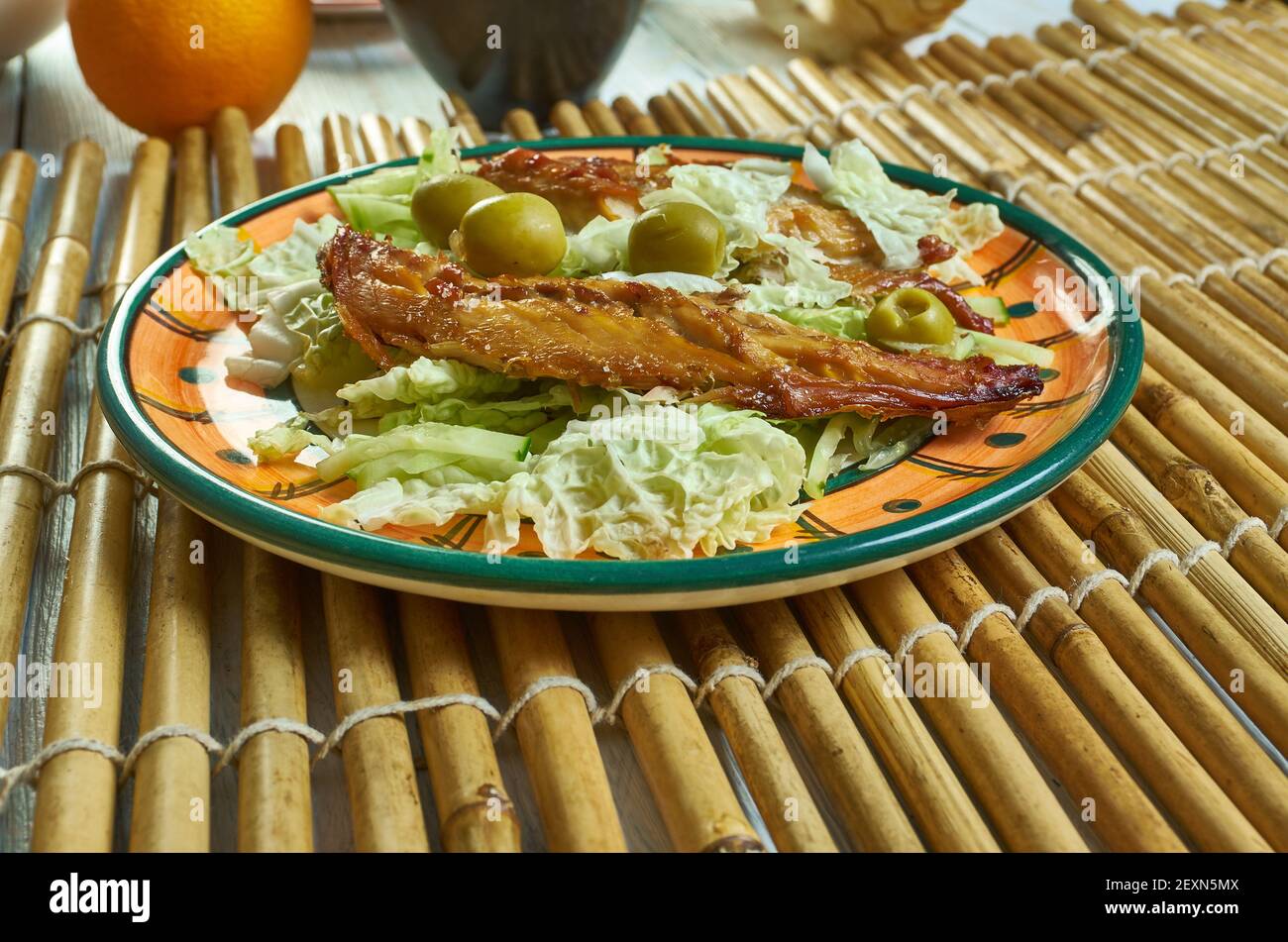 Moroccan-style Grilled mackerel , fish fillets and salad Stock Photo ...