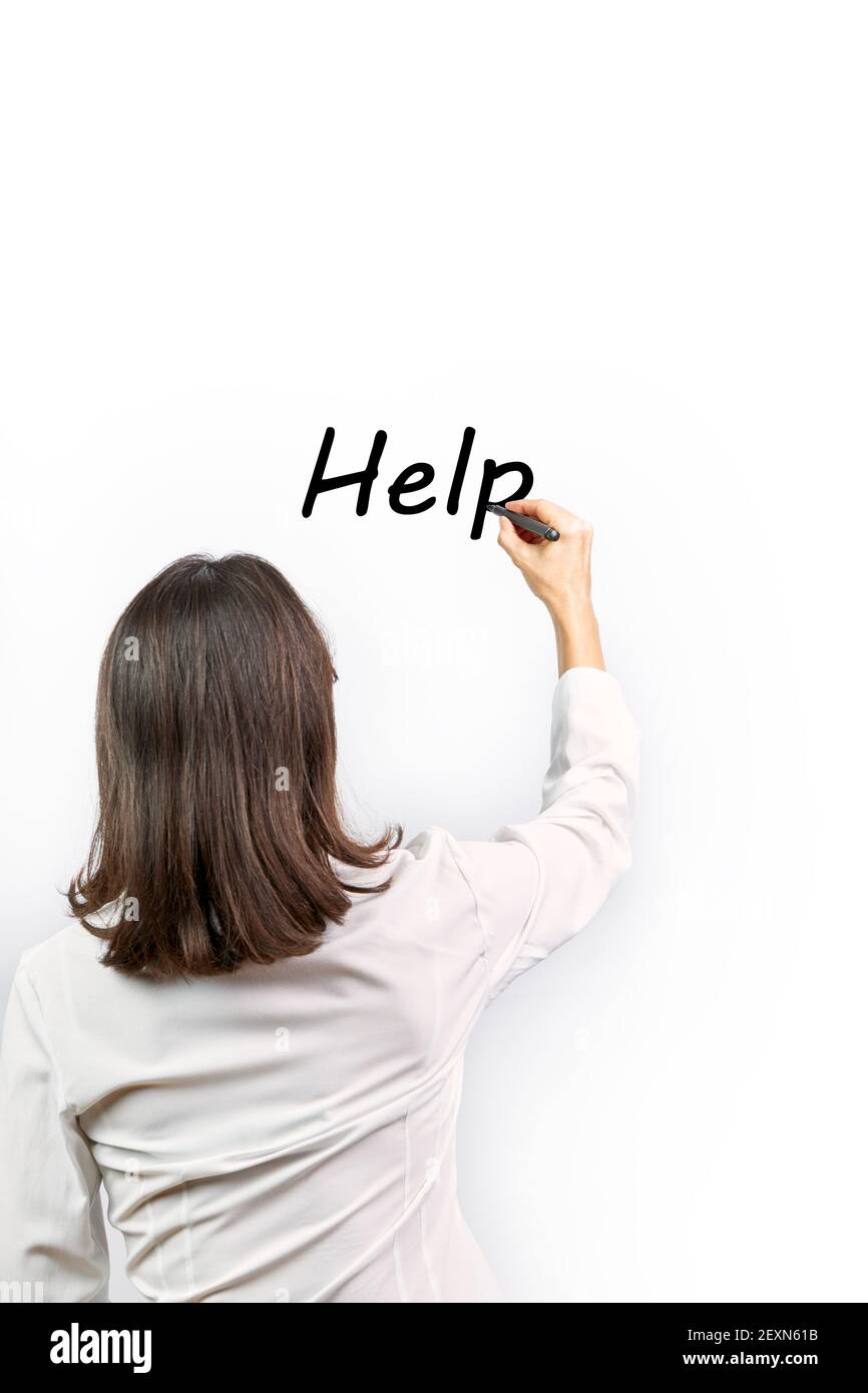 Woman writing the word Help on a white background. Education and ...