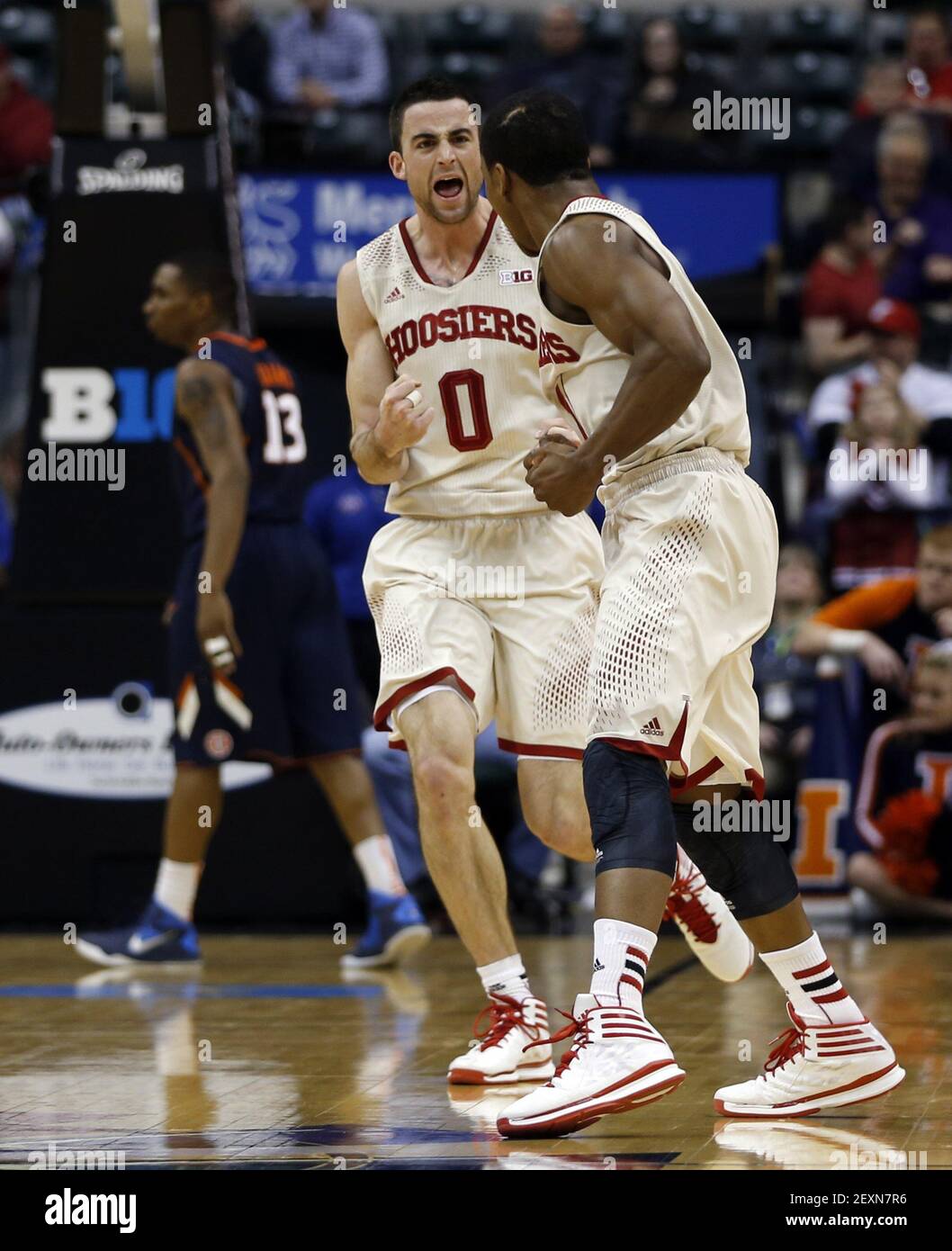 Indiana's Will Sheehey (0) and Kevin Ferrell celebrate a 1st half ...