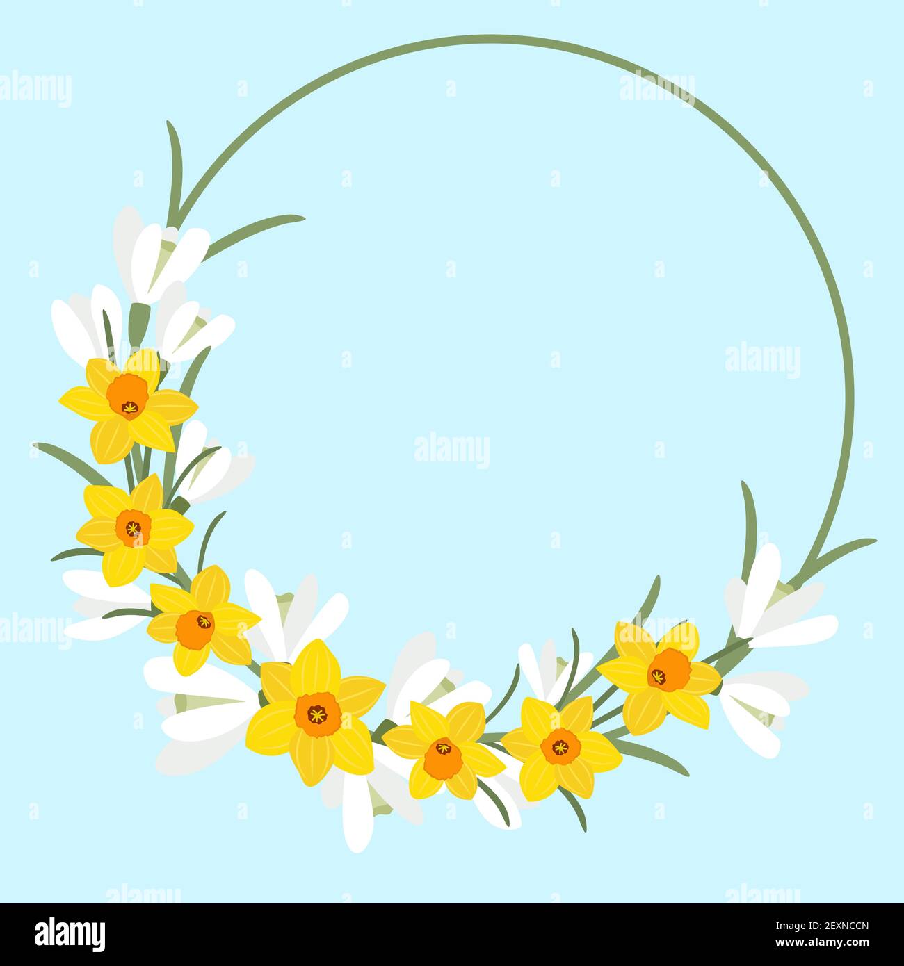 Circular frame with spring flowers. Round frame with snowdrops ...