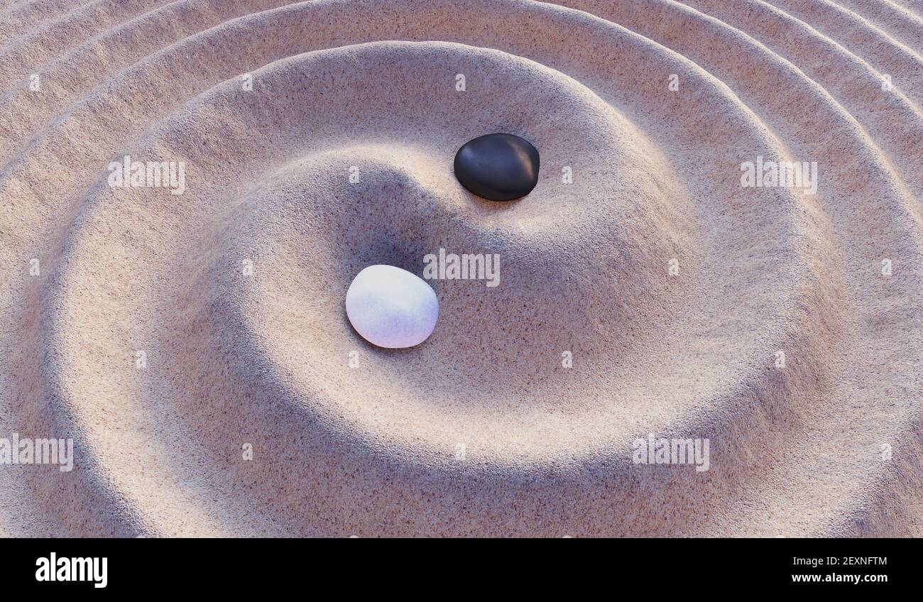 Black and white stones in sand. Yin-Yang symbol. 3D rendered ...