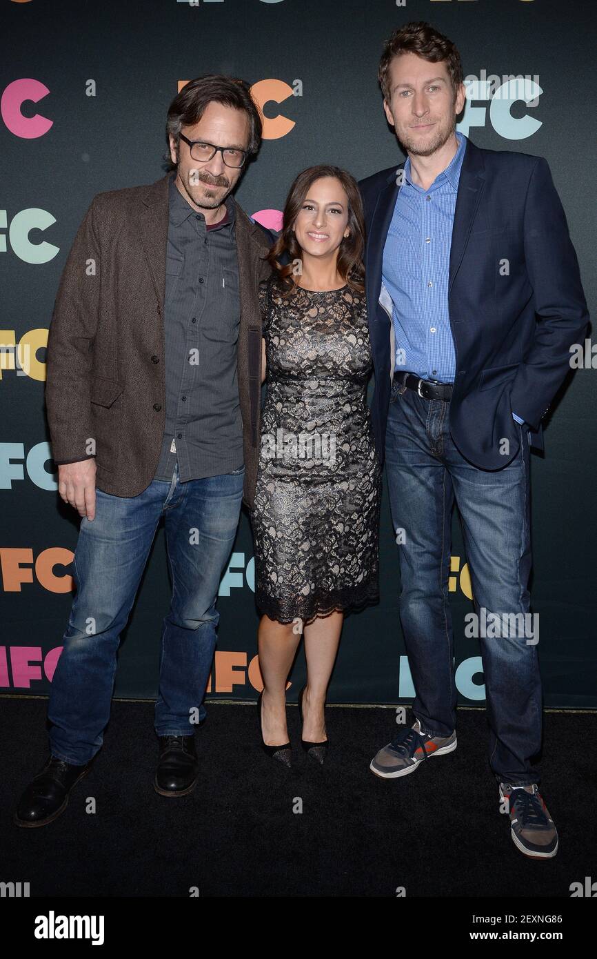 (L-R) Marc Maron, IFC President Jennifer Caserta and Scott Aukerman ...