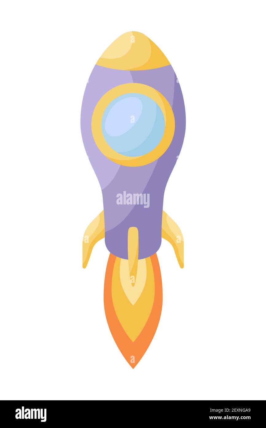 Cute violet rocket with fire on white background. Cartoon transport for ...